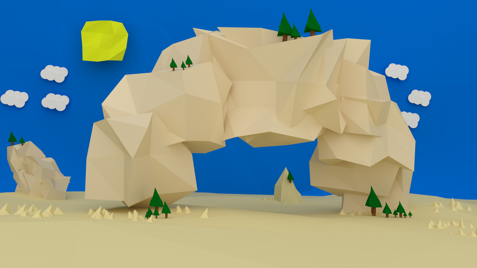 digital Art, Low Poly, Artwork, Nature, Trees, Rock, Sun, Clouds ...