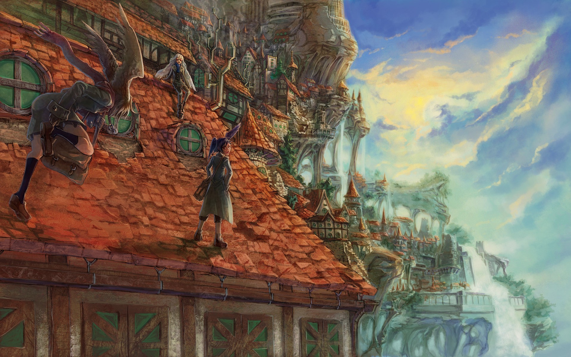 fantasy Art, Rooftops, Waterfall Wallpapers HD / Desktop and Mobile ...