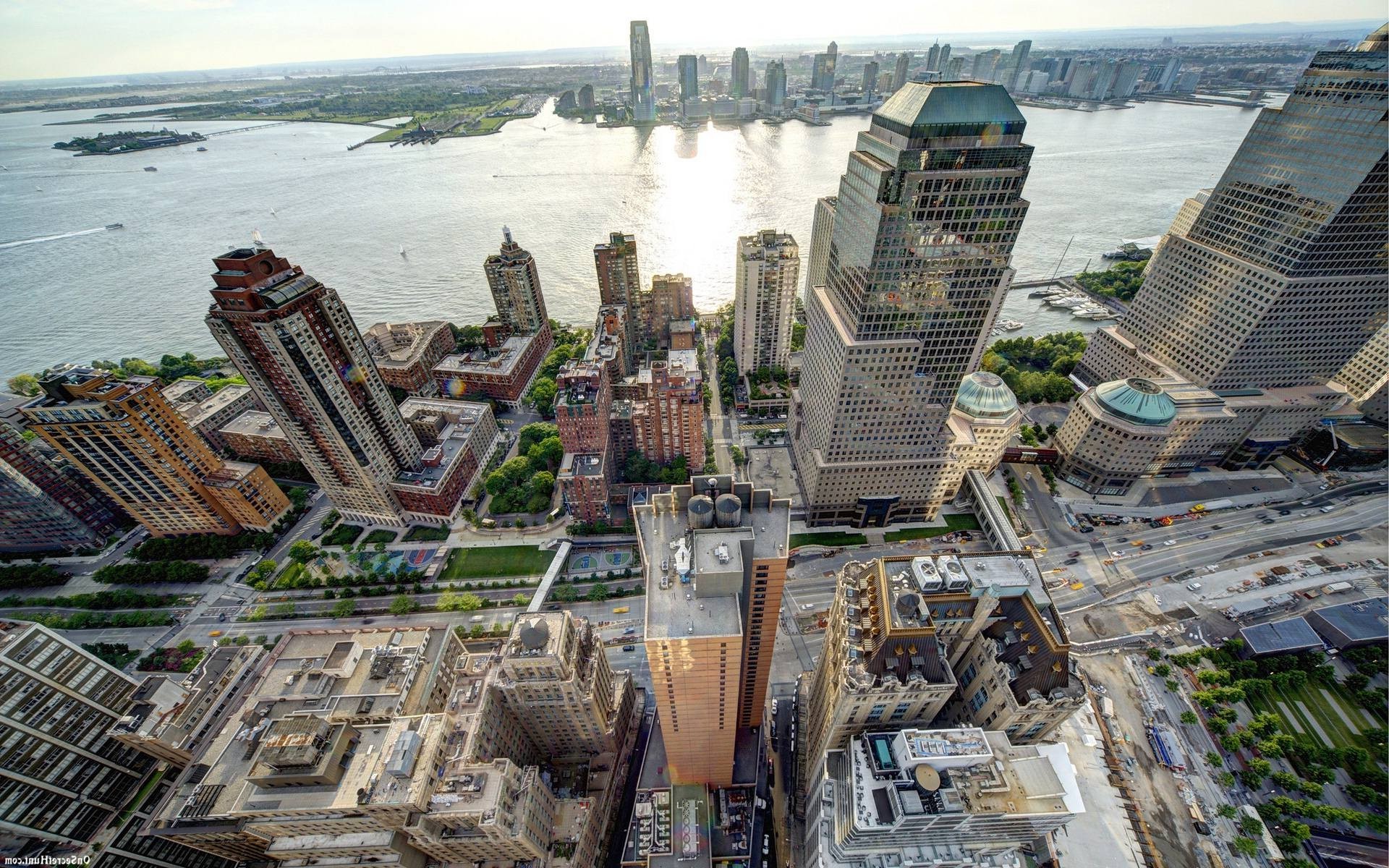 city cityscape usa manhattan building skyscraper road water sea birds ...