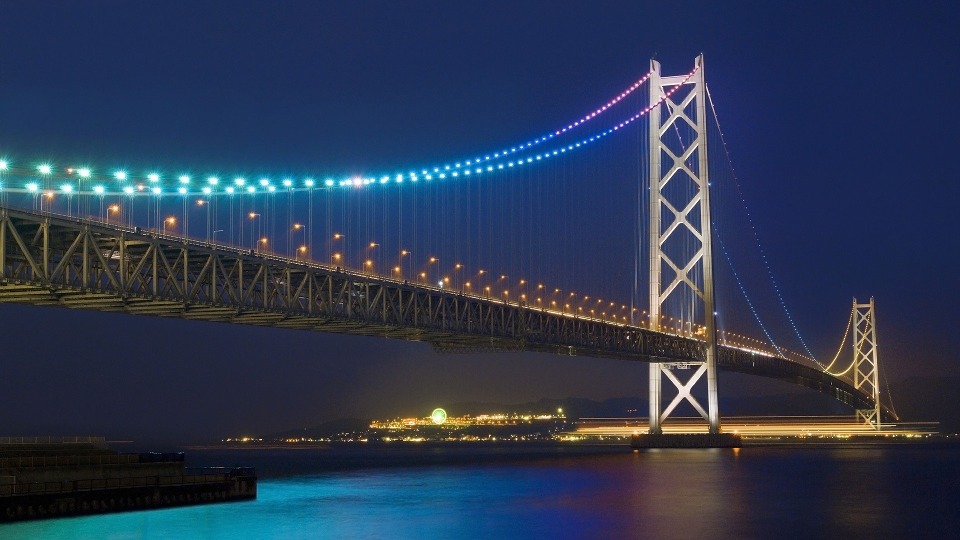 Akashi Kaikyō Bridge, Bridge, Architecture, Japan, Night, Lights, Sea ...