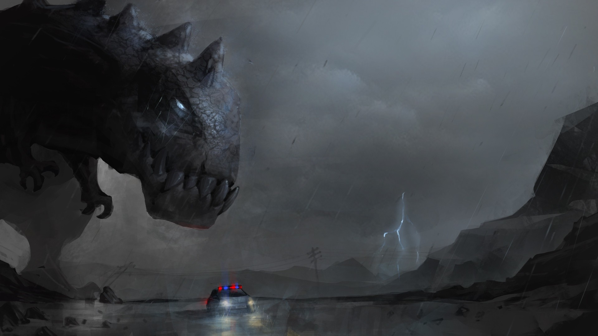 police cars, Dinosaurs, Headlights, Lightning, Landscape, Concept art ...