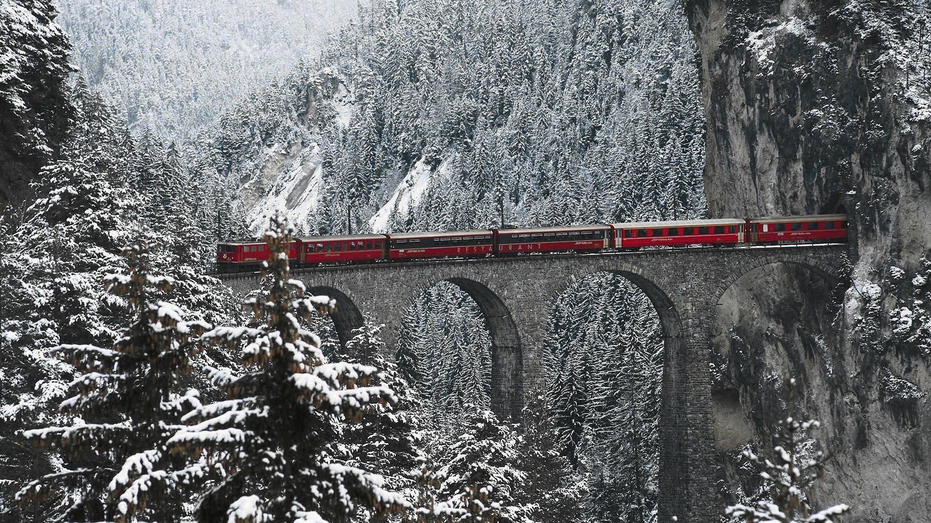 train, Snow, Bridge, Engadin Valley, Swiss Alps Wallpapers HD / Desktop ...