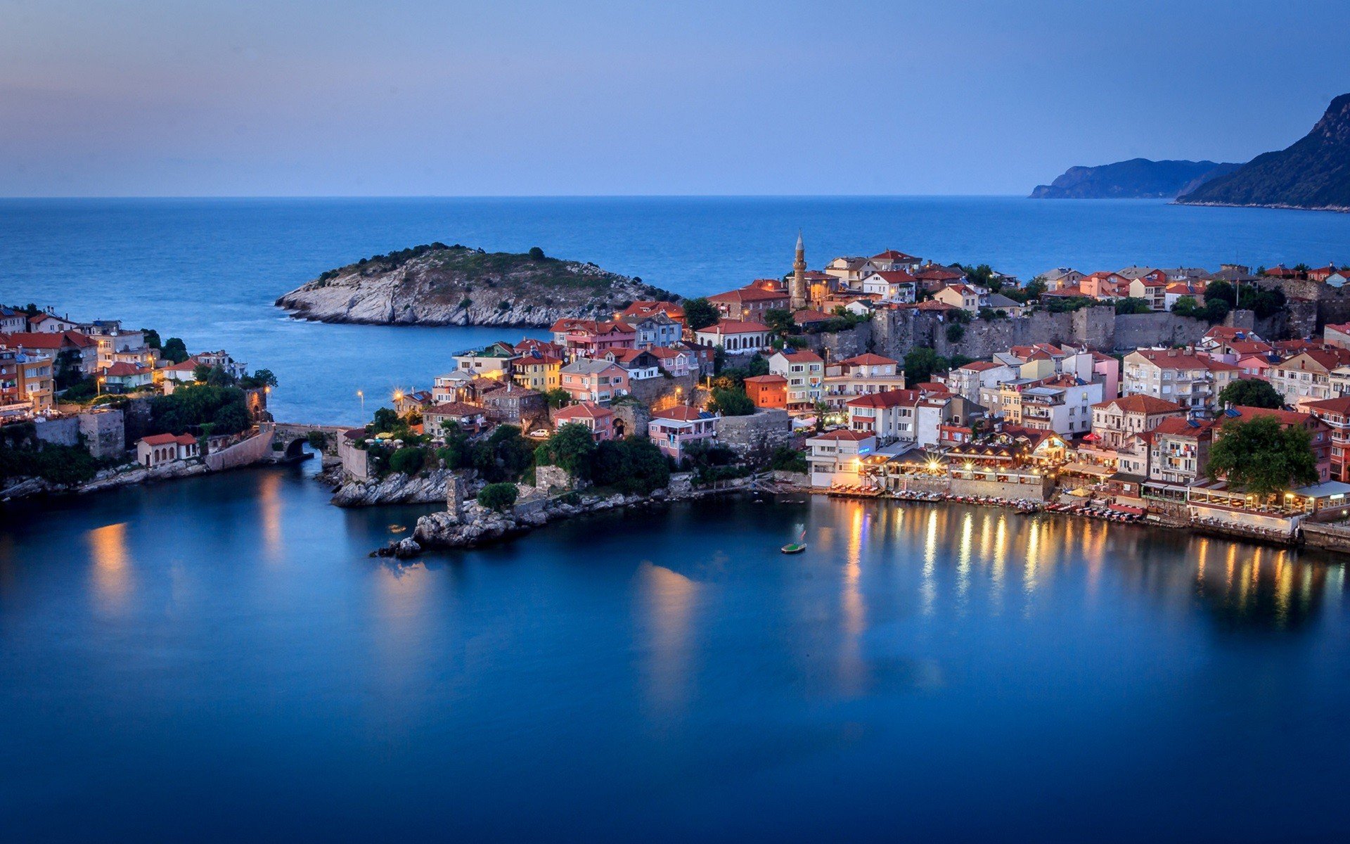 Amasra, Bartın, Turkey, City, Cityscape, Sea, Lights, Reflection ...