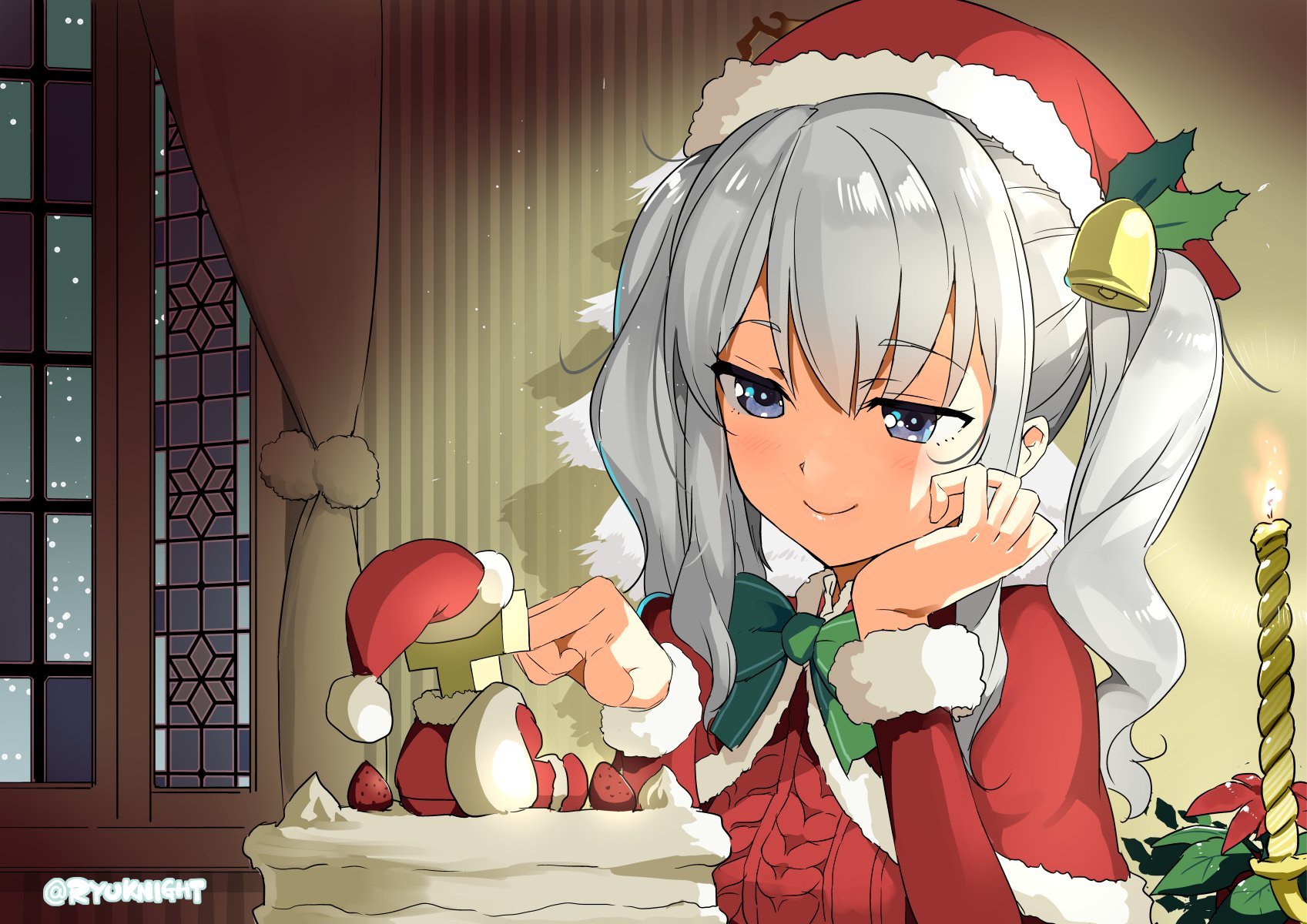 aliasing, Bell, Blue Eyes, Bow, Christmas, Gray Hair, Hat, Kantai ...