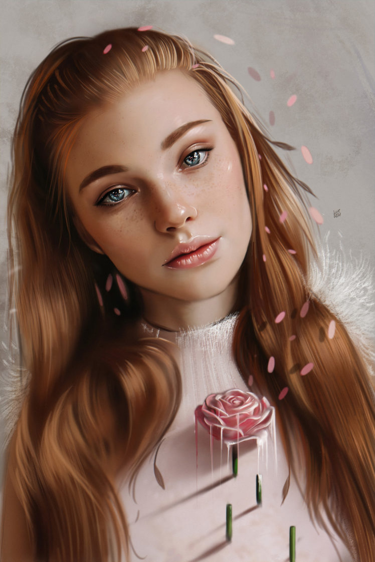 Women Face Ya ar Vurdem Redhead Long Hair Blue Eyes Digital Art Portrait Artwork 