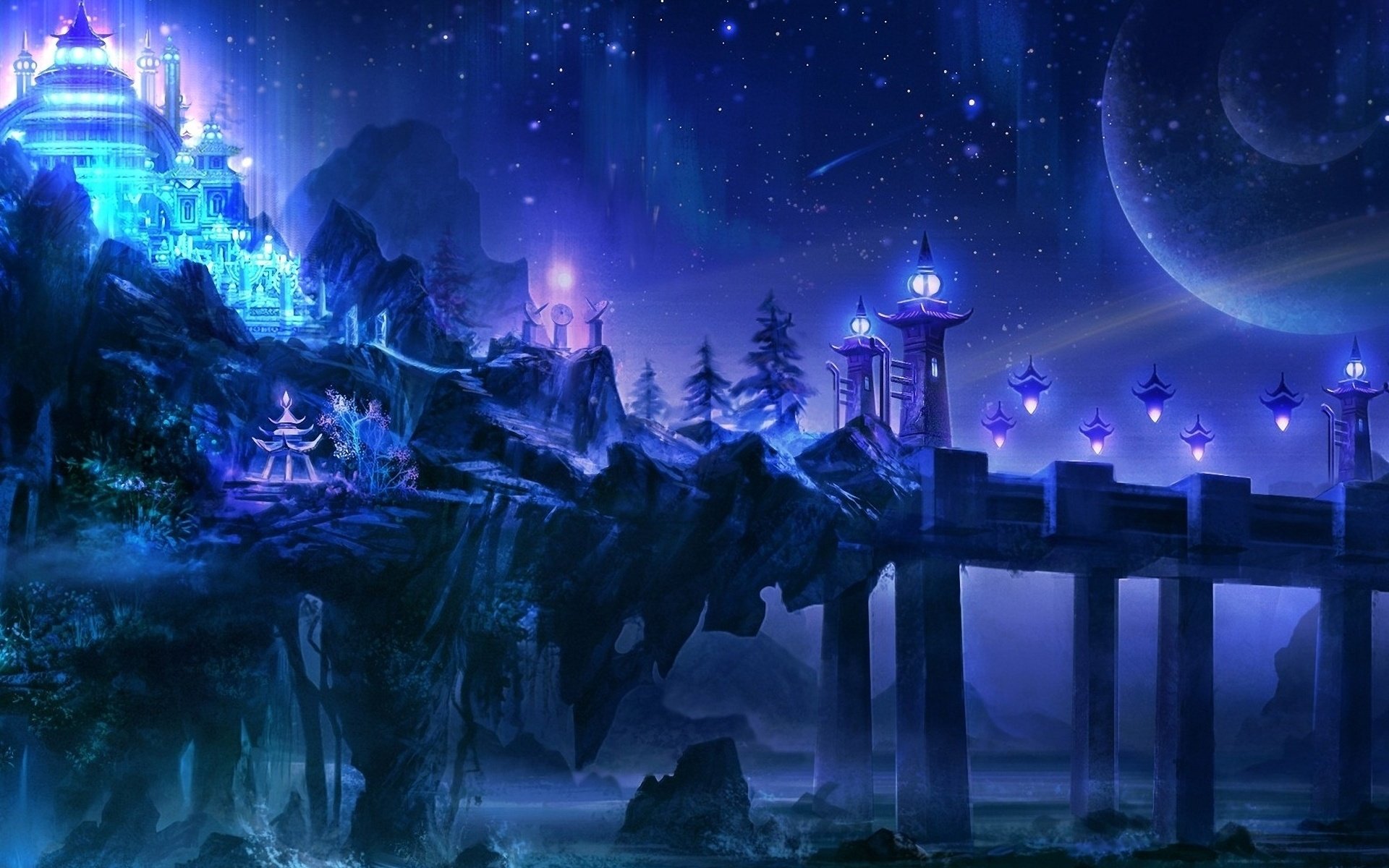 lights, Temple, Waves, Sea, Night, Rocks, Bridge, Art, Stones ...