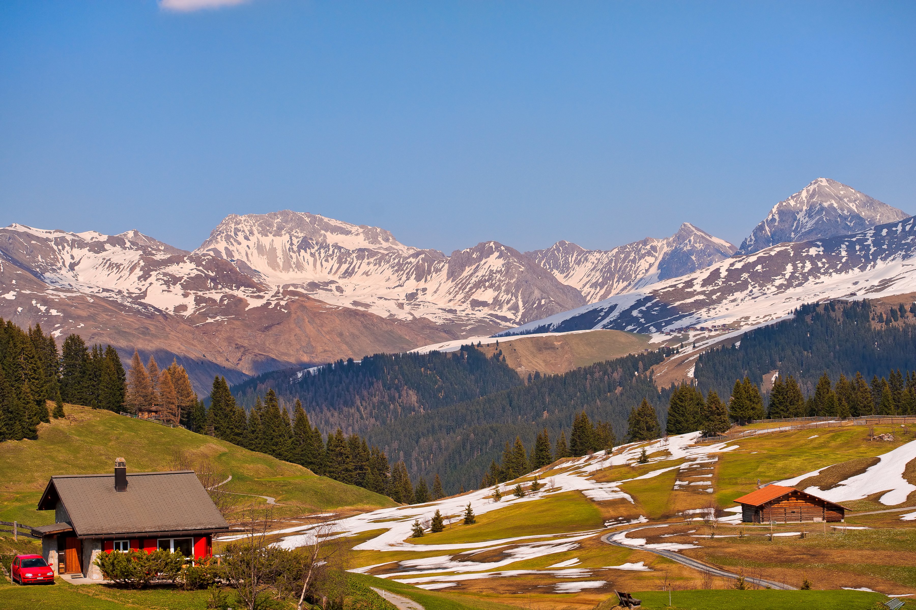 scenery, Switzerland, Mountains, Houses, Grasslands, Jakobshorn, Davos ...