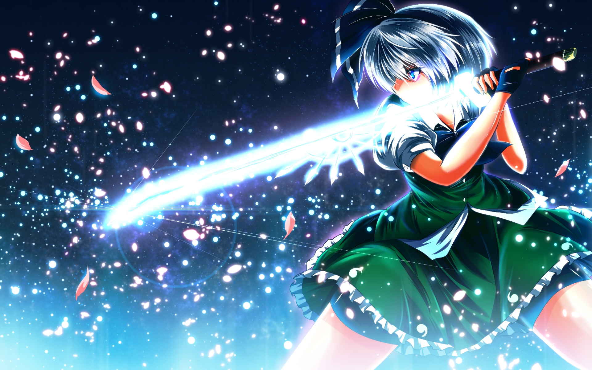 touhou, Blue, Eyes, Bow, Gloves, Gray, Hair, Konpaku, Youmu, Nekominase ...