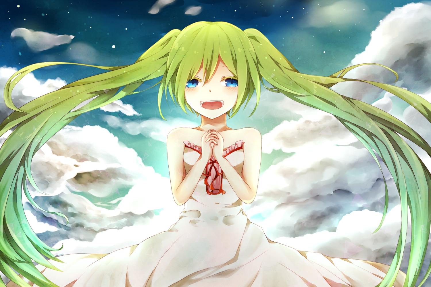 vocaloid, Blue, Eyes, Blush, Clouds, Dress, Green, Hair, Hatsune, Miku ...