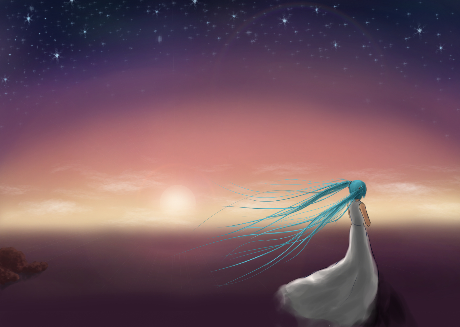 vocaloid, Blue, Hair, Dress, Hatsune, Miku, Long, Hair, Night, Reki ...