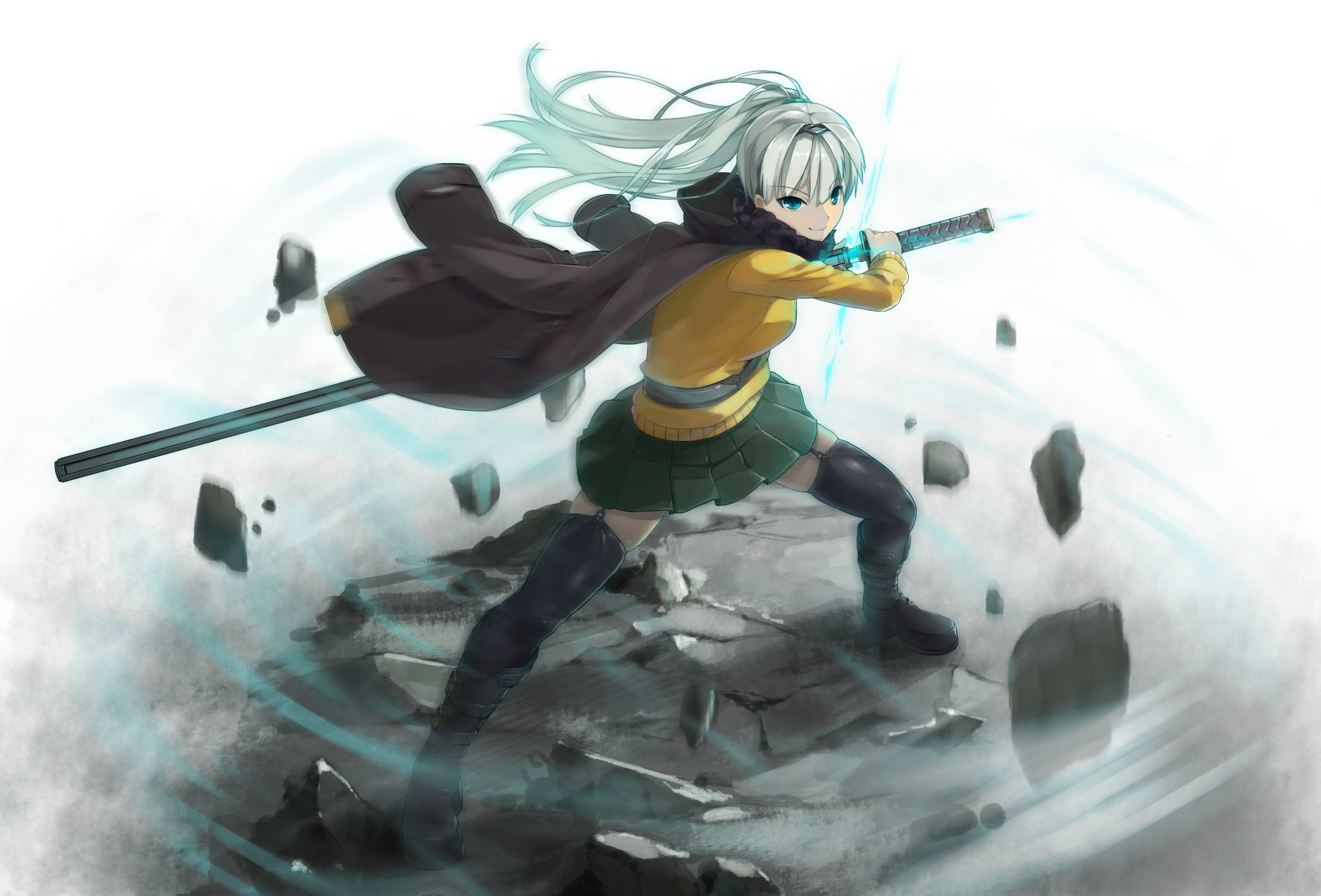 original, Aqua, Eyes, Gray, Hair, Katana, Long, Hair, Original, Skirt ...
