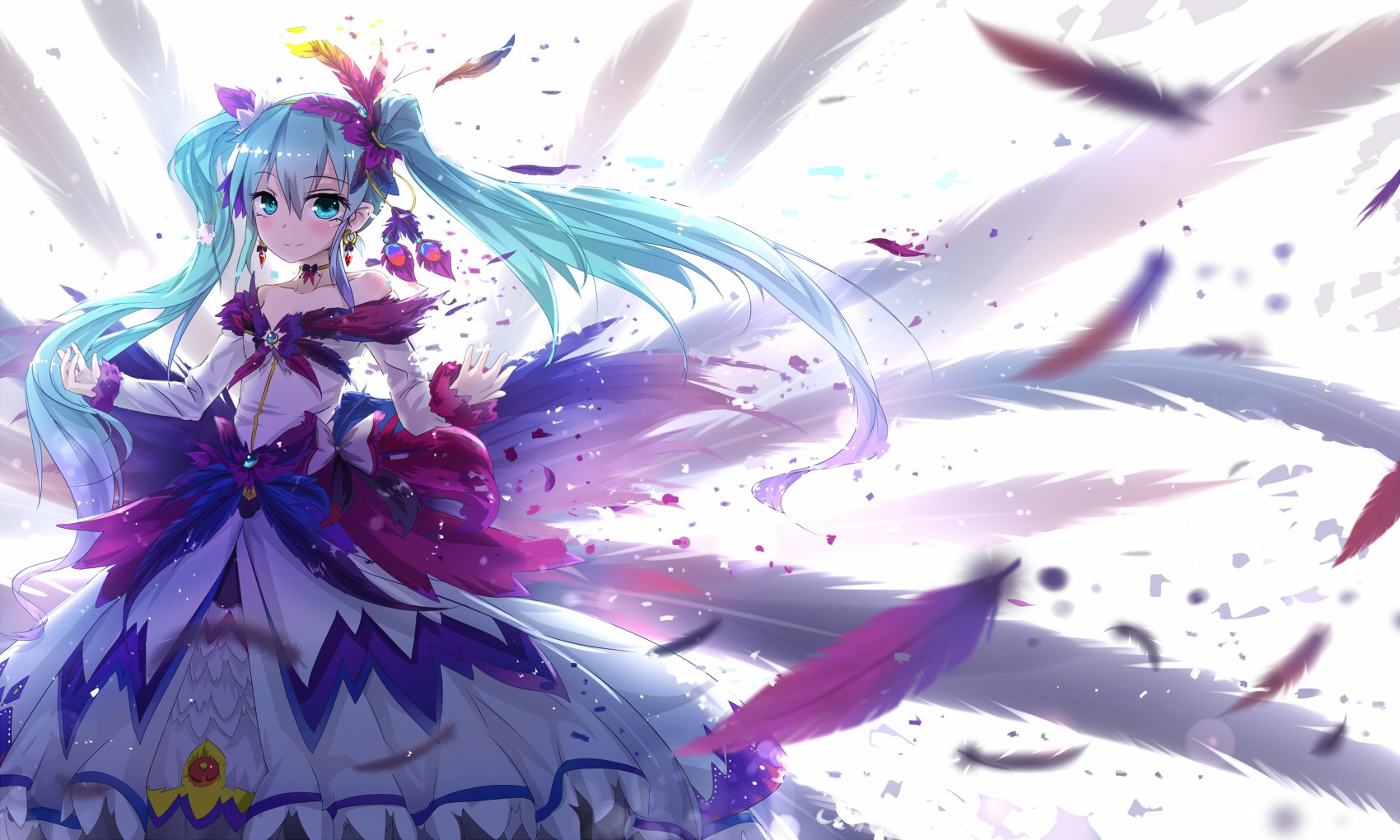 aqua, Eyes, Blush, Bow, Choker, Dress, Feathers, Green, Hair, Hatsune ...