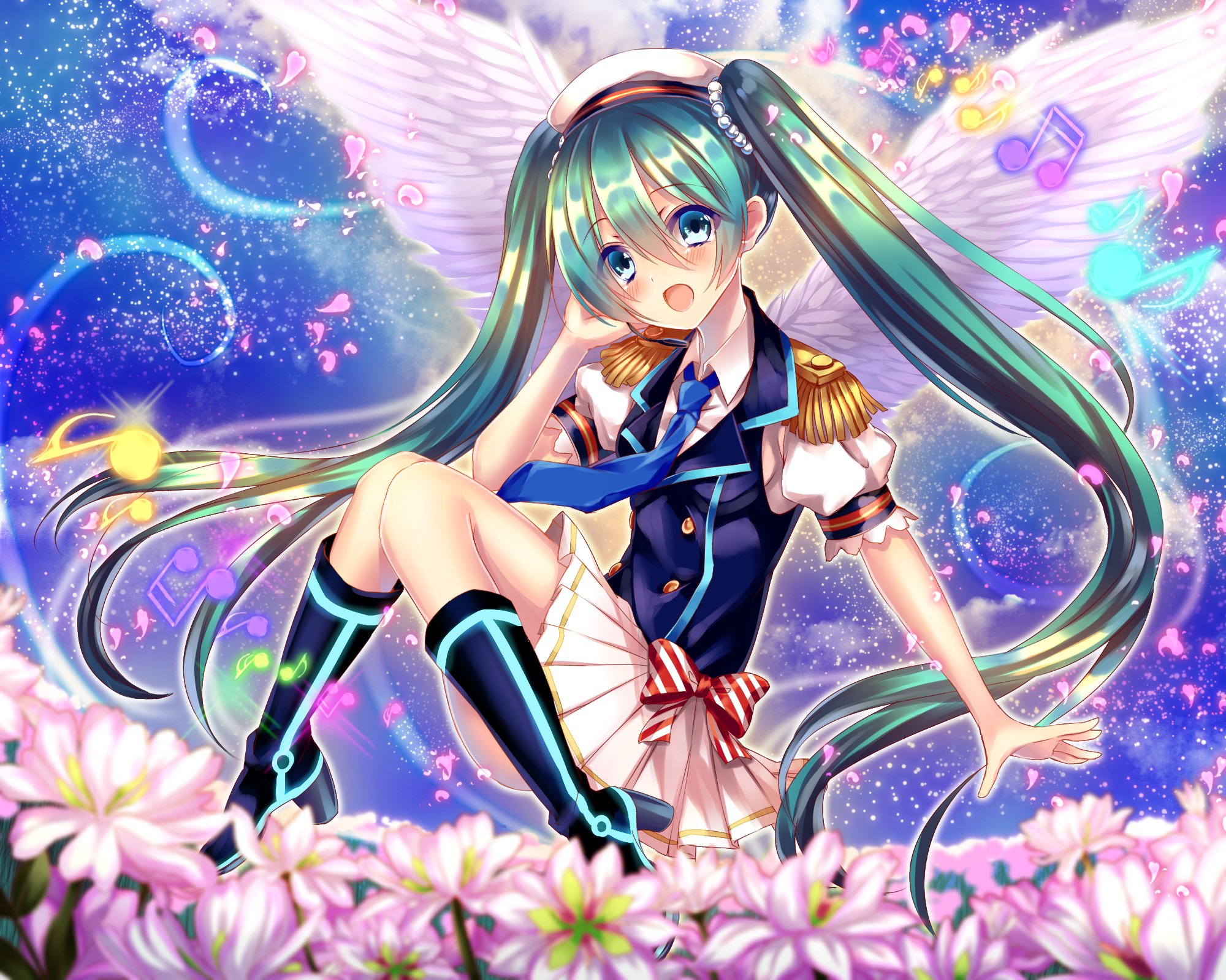 blue, Eyes, Blush, Boots, Bow, Flowers, Hat, Hatsune, Miku, Long, Hair ...