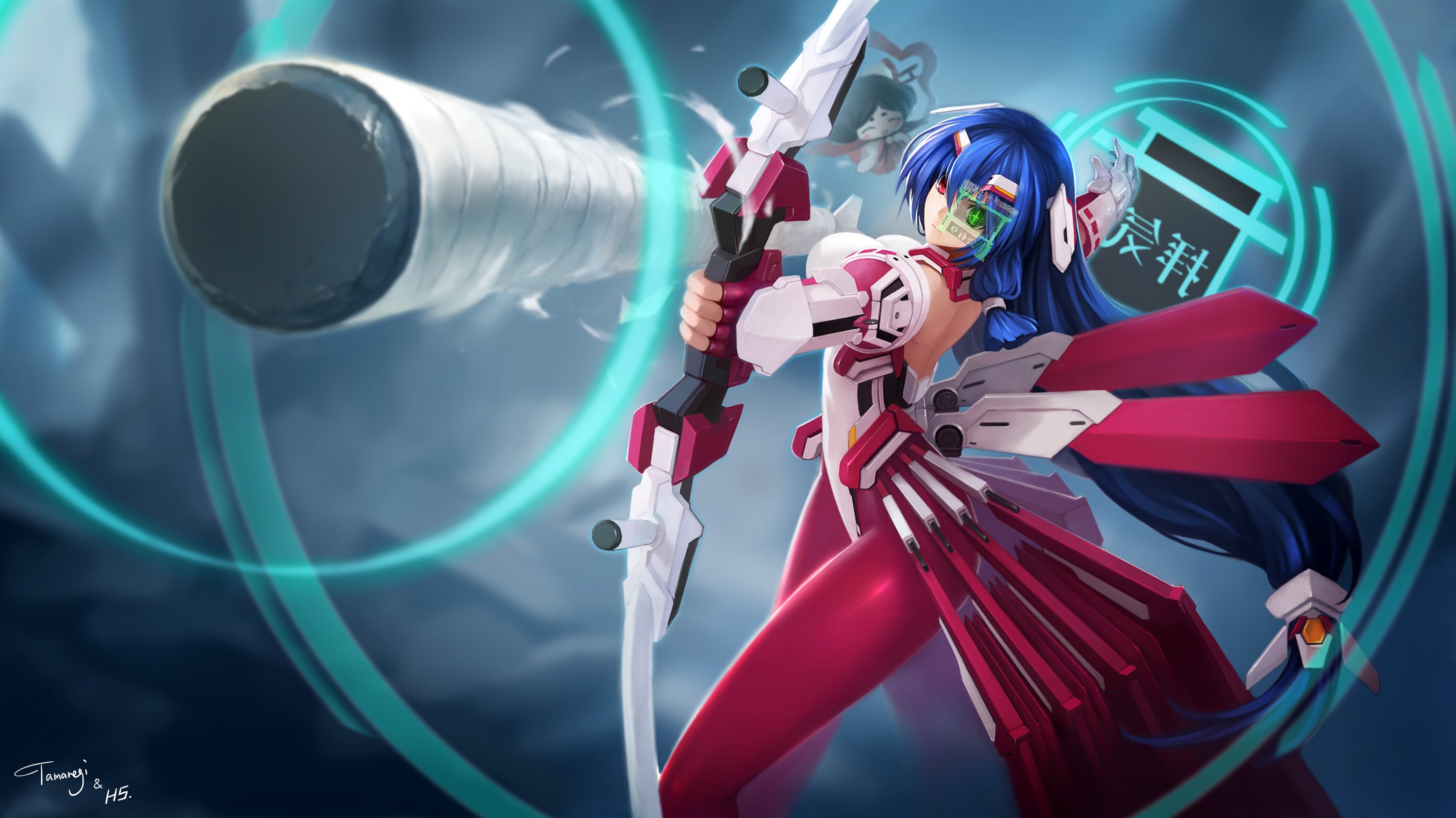asama, Tomo, Bicolored, Eyes, Blue, Hair, Bodysuit, Bow, weapon ...