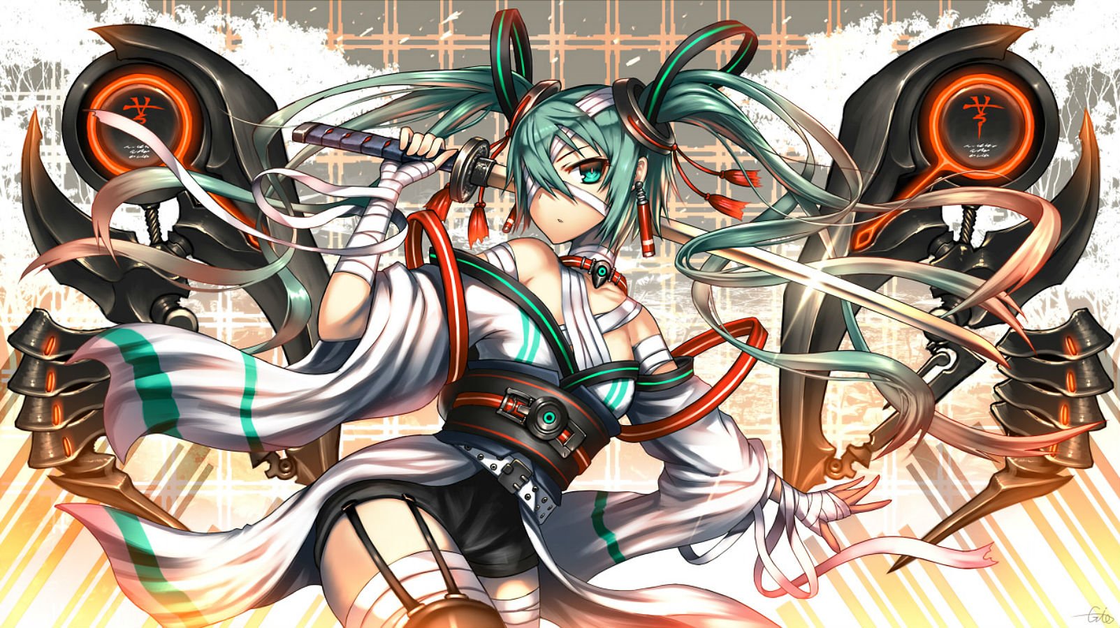 bandage, Gia, Hatsune, Miku, Katana, Long, Hair, Original, Sword ...