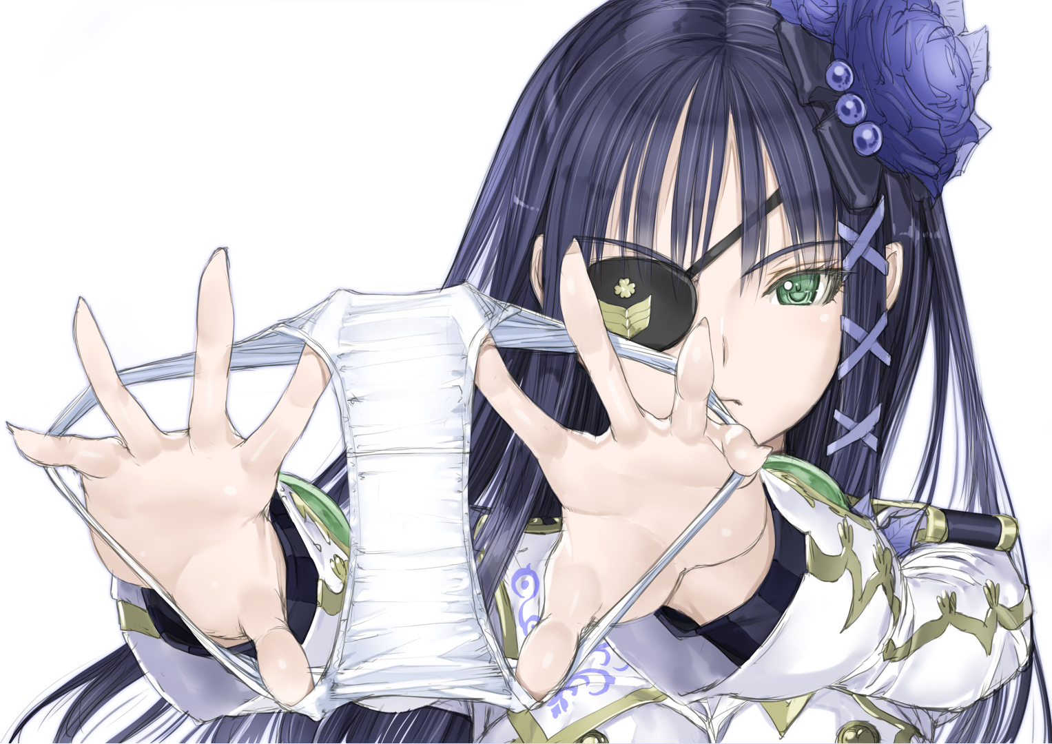 Blue Hair Eyepatch Flowers Green Eyes Long Hair Nakaba Reimei