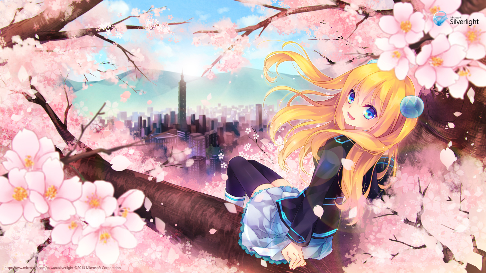 aizawa, Hikaru, Blonde, Hair, Blue, Eyes, Boots, Cherry, Blossoms, City, Clouds, Flowers, Long ...