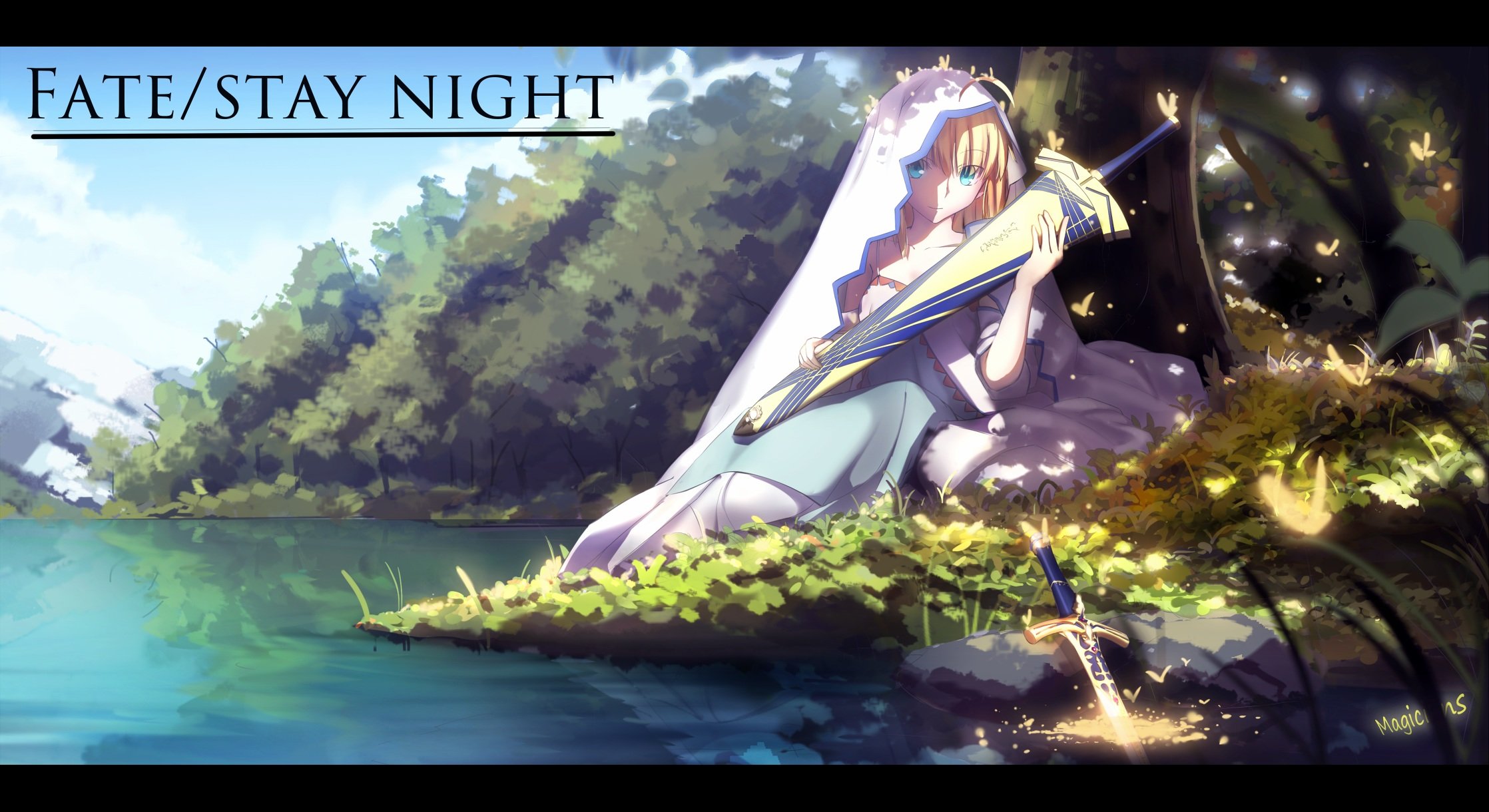 fate, Stay, Night, Leaves, Magicians, Saber, Sword, Tree, Water, Weapon ...