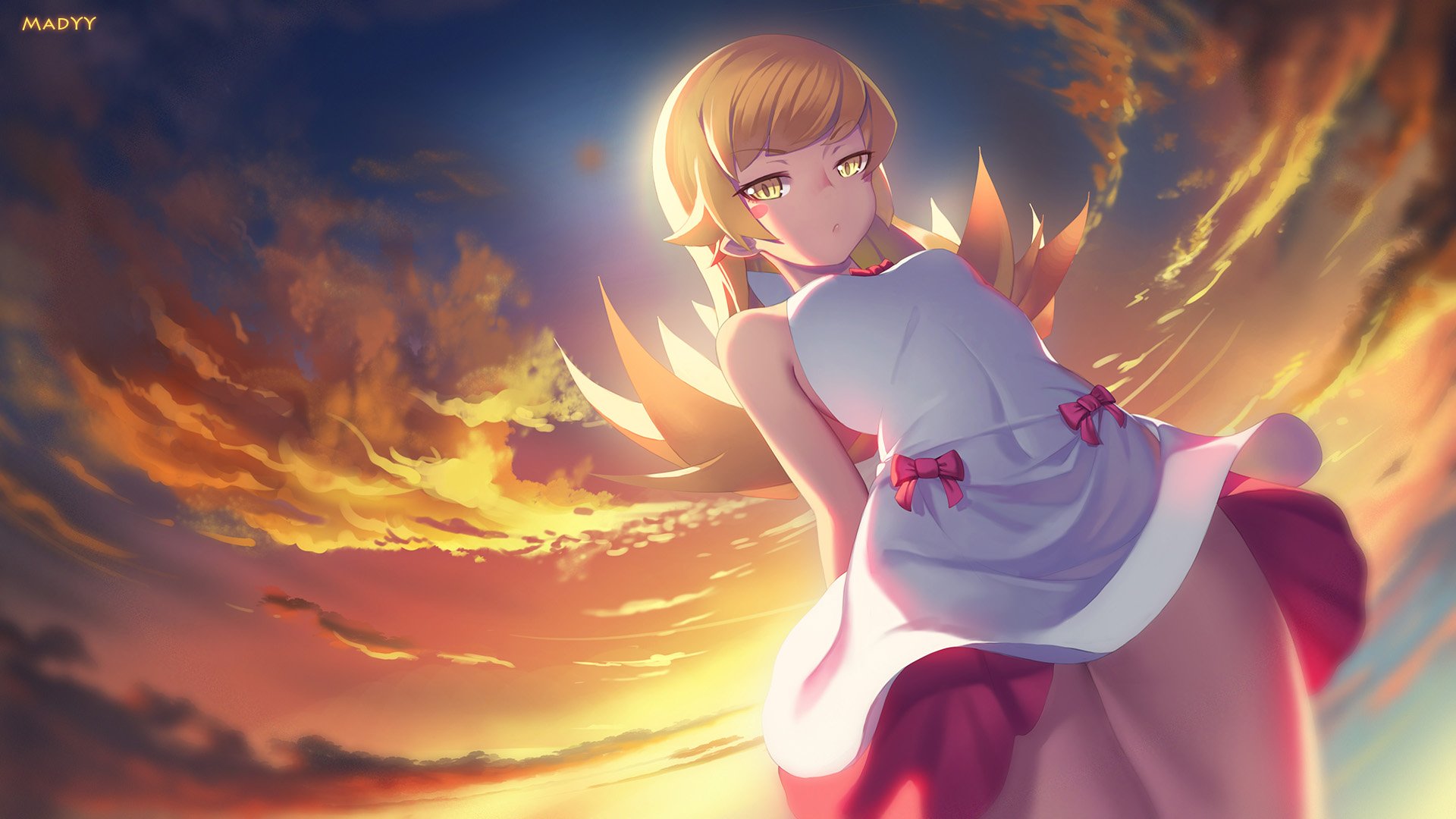 bakemonogatari, Blonde, Hair, Clouds, Dress, Jpeg, Artifacts, Long ...
