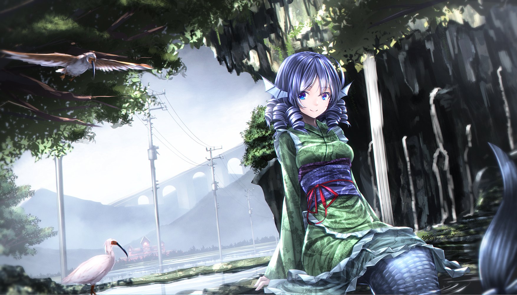 aliasing, Animal, Bird, Blue, Eyes, Blue, Hair, Japanese, Clothes ...