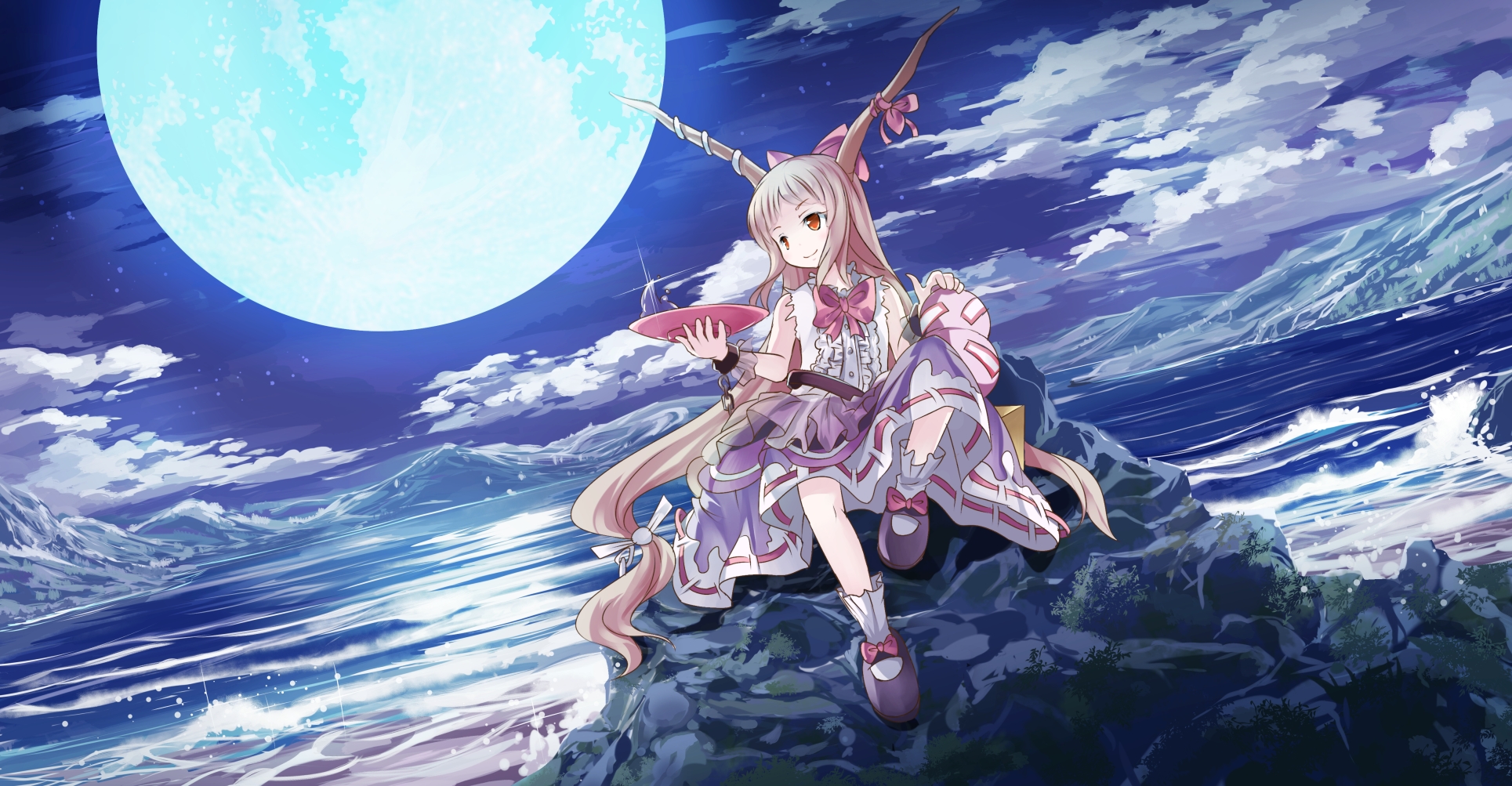 touhou, Clouds, Horns, Ibuki, Suika, Moon, Night, Risutaru, Sake, Sky ...