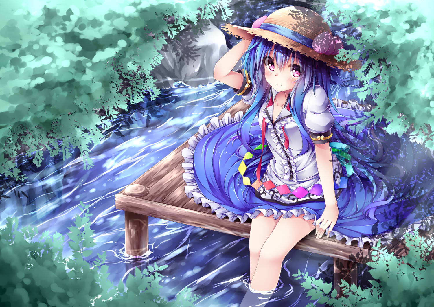 touhou, Blue, Hair, Blush, Hat, Hinanawi, Tenshi, Jpeg, Artifacts, Long, Hair, Pink, Eyes ...