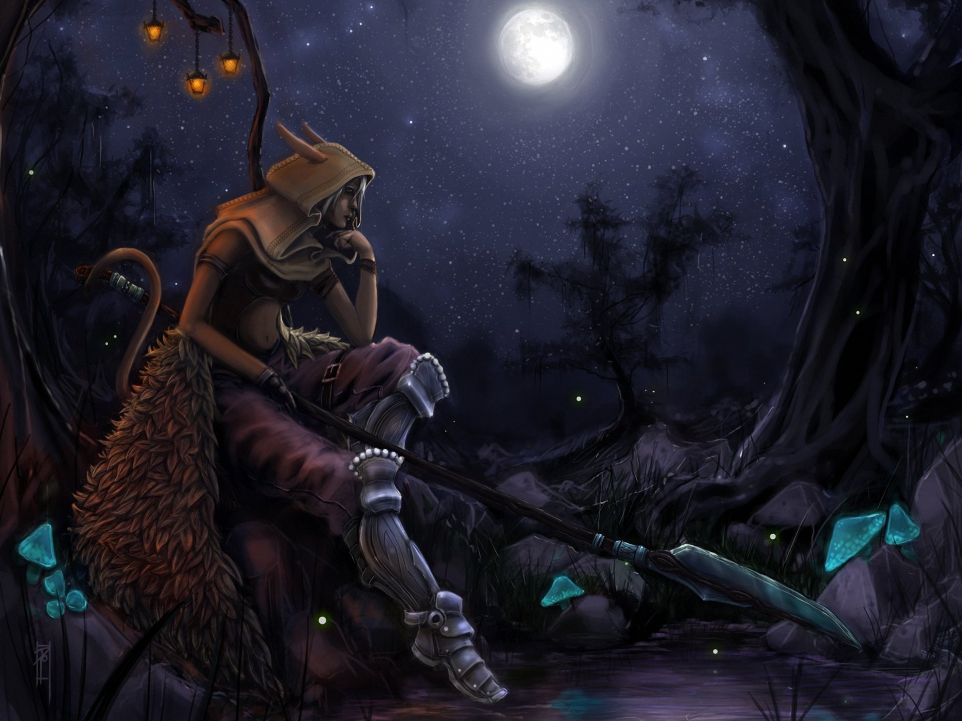 warrior, Elves, Spear, Night, Moon, Hood, Headgear, Fantasy, Elf ...