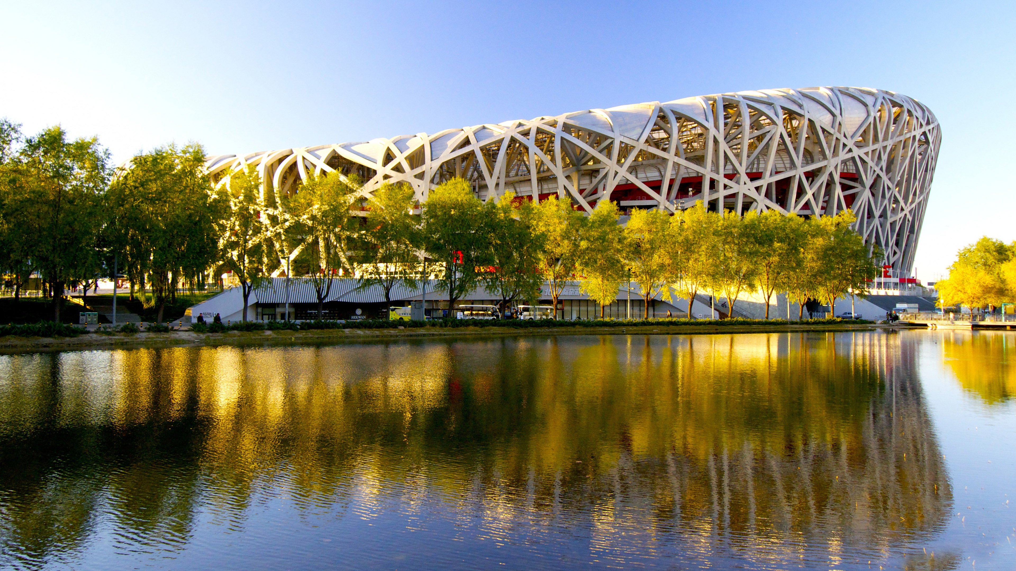 the, Nest, Stadium, China, Afternoon, Sunny, Trees, Lake, Pond, Sky ...
