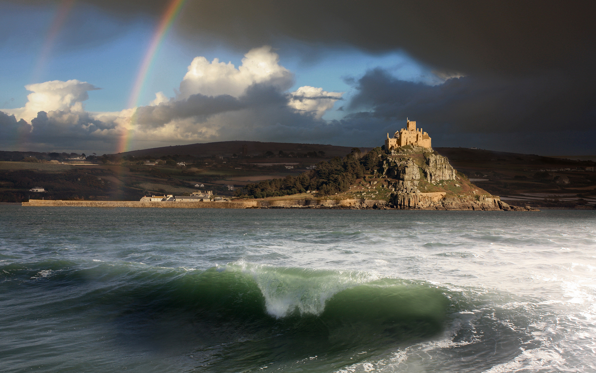 castle, Ocean, Rainbow, Landscape, Coast, Buildings, Sea, Waves ...