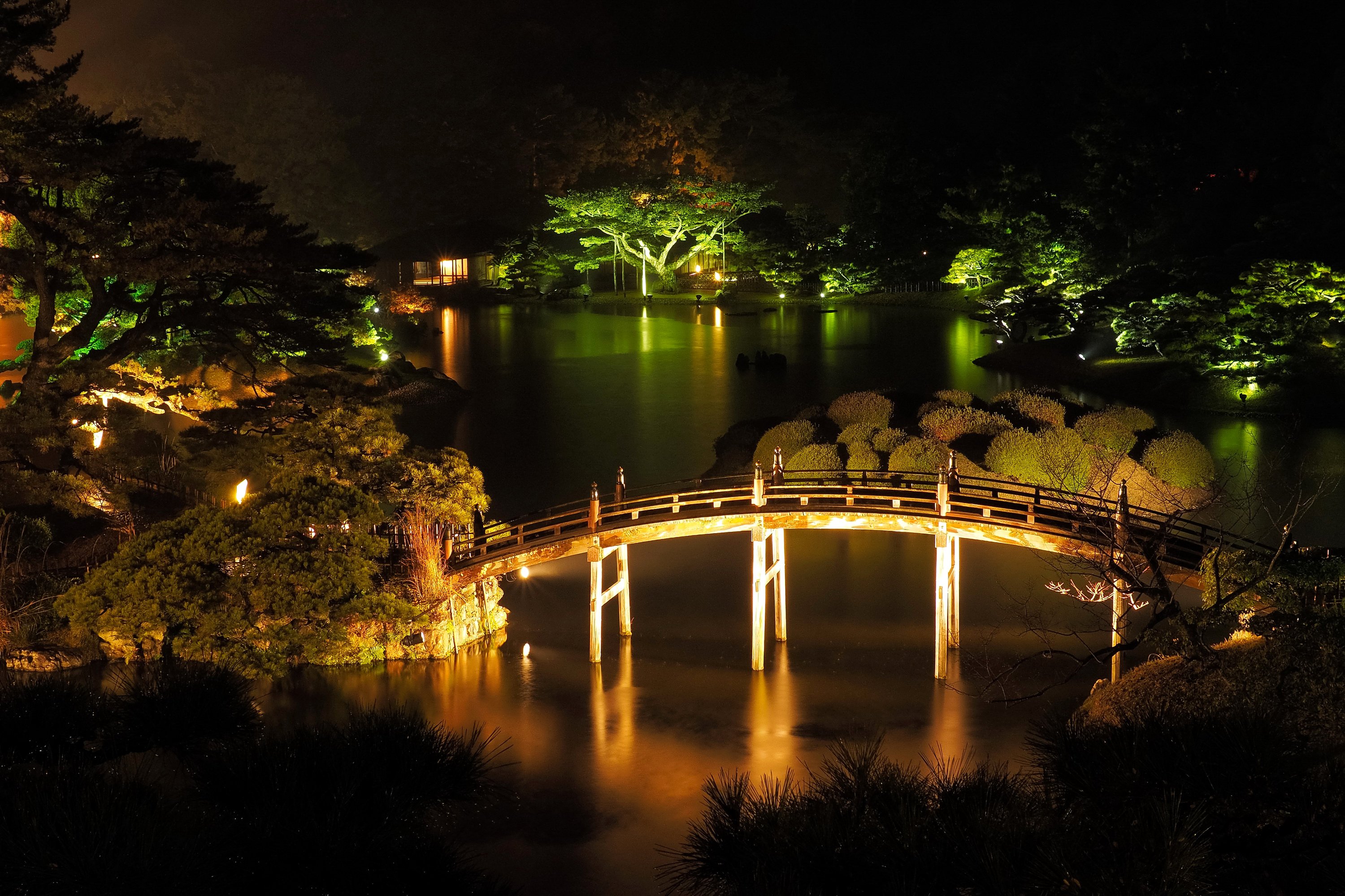 japan, Parks, Rivers, Bridges, Takamatsu, Ritsurin, Garden, Night ...