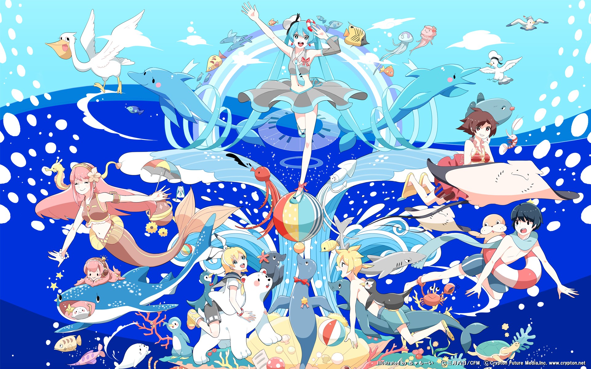 brunettes, Blondes, Water, Clouds, Vocaloid, Hatsune, Miku, Birds, Blue ...