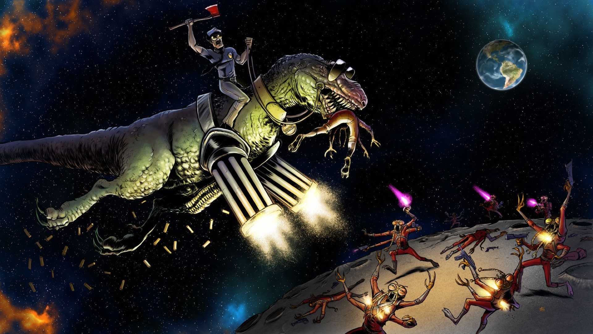 axe, Cop, Comics, Dinosaurs, Dino, Riders, Minigun, Aliens, Sci, Fi ...