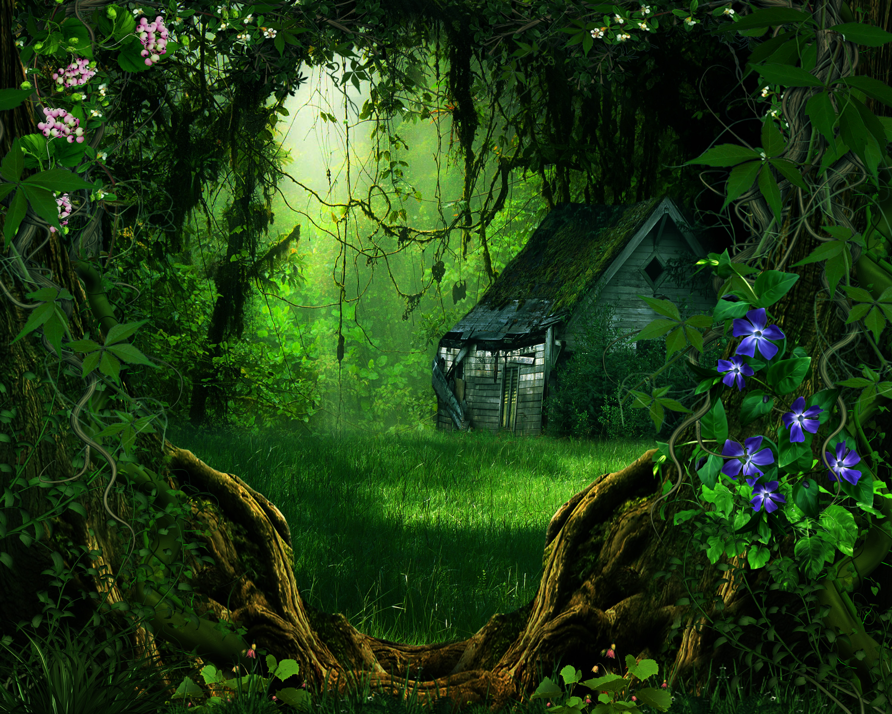 digital, Art, 3d, Phantasmagoria, Trees, Forest, Flowers, Building ...