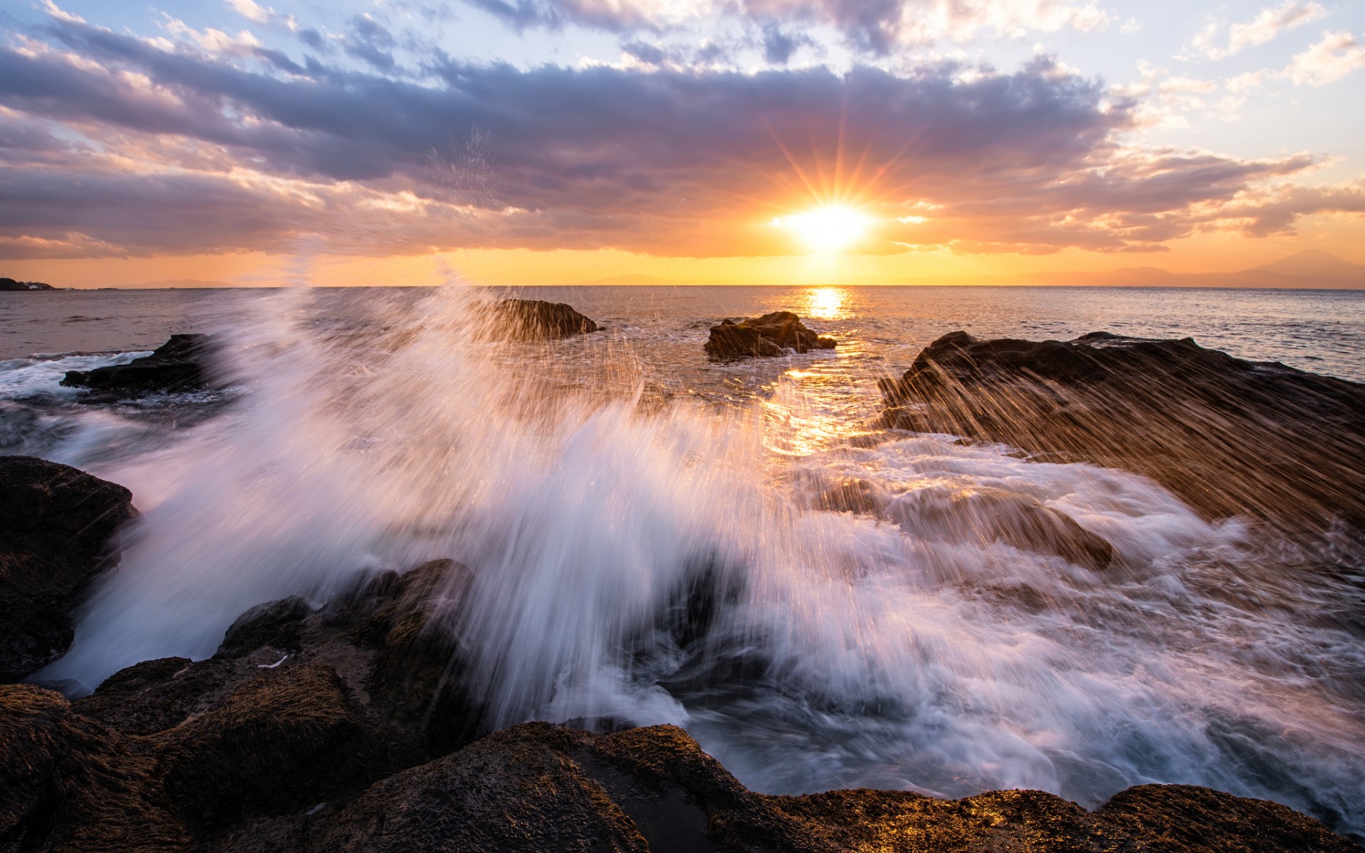 japan, Kanagawa, Prefecture, Bay, Beach, Rocks, Surf, Evening, Sunset ...